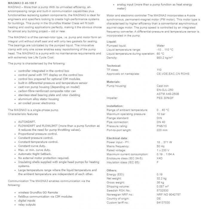 Buy Grundfos MAGNA3 D 40-100F (220) Variable Speed Twin Head Circulator ...