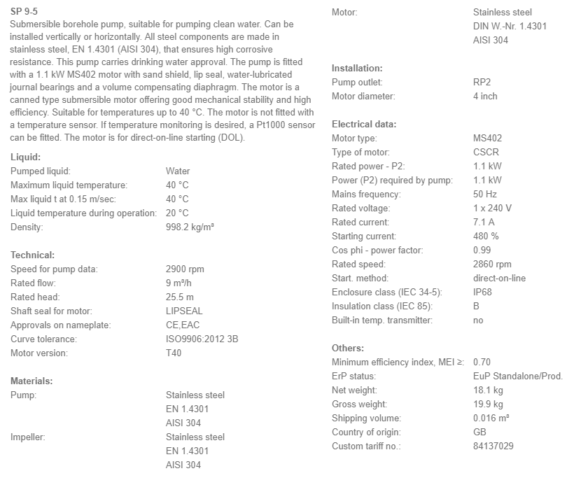 Buy Grundfos SP9-5 4" Submersible Borehole Pump 1.1kW 240V - Online ...